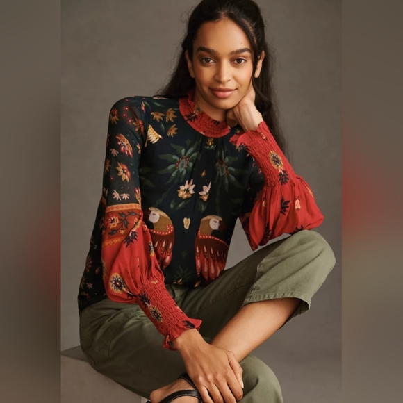 FARM Rio | Tops | Farm Rio Floral Long Sleeve Smocked Blouse Top Blue ...